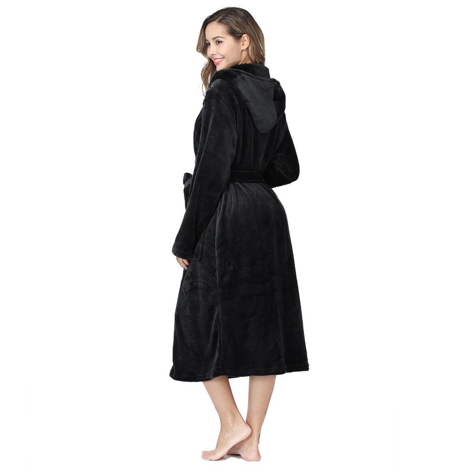 RONGTAI Womens Long Robes Plush Fleece Nightgown Thick Hooded Bathrobe ...