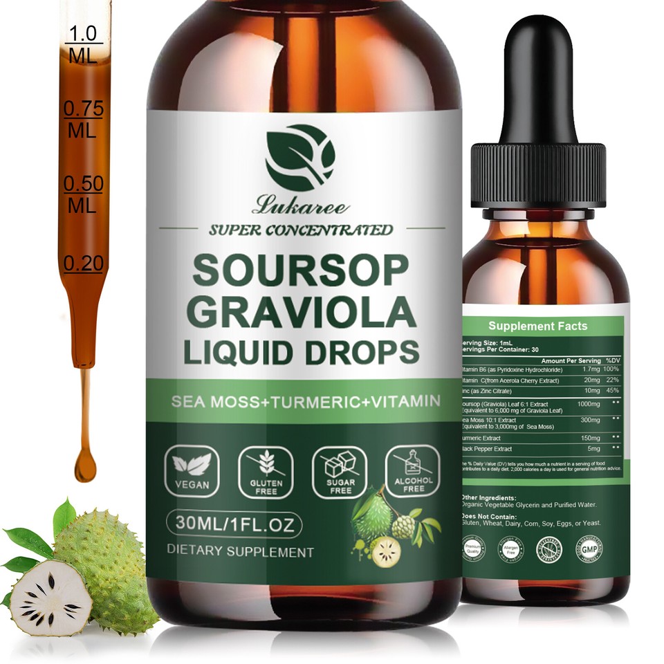 Graviola 1800mg Pure Natural Soursop Extract Liquid Drops Leaves fruit ...