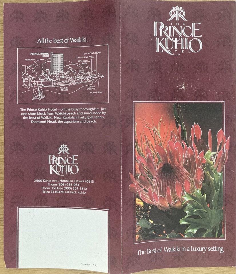 1982 PRINCE KUHIO HOTEL HONOLULU,HAWAII USA BROCHURE FOLDER TRAVEL ...