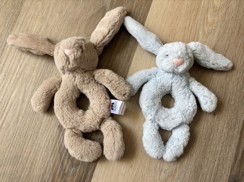 (2) Tan & Blue JELLYCAT Bashful BUNNY RABBIT 6” BABY RINGS Plush ...