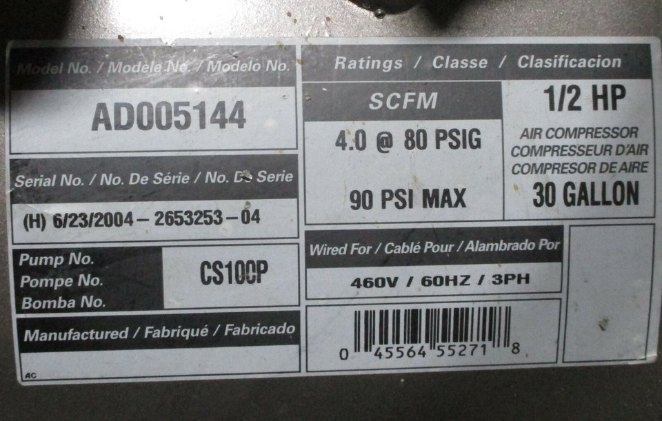 Powerex Air Compressor 90 PSI / 4 CFM AD005144 Dual 1/2 HP Duplex 30 ...
