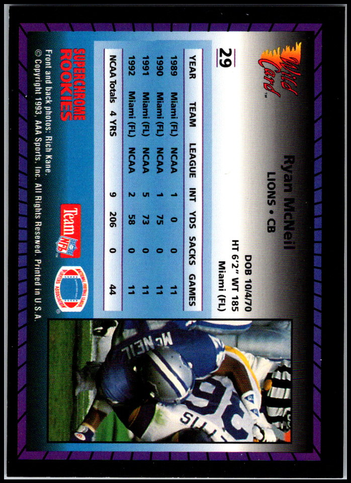 1993 Wild Card #29 Ryan McNeil - Superchrome Rookies RC FREE SHIPPING ...