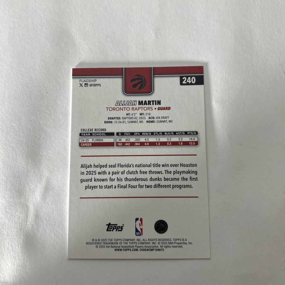 Alijah Martin Rookie RC 2025/26 Topps NBA Basketball Flagship Card #240 ...