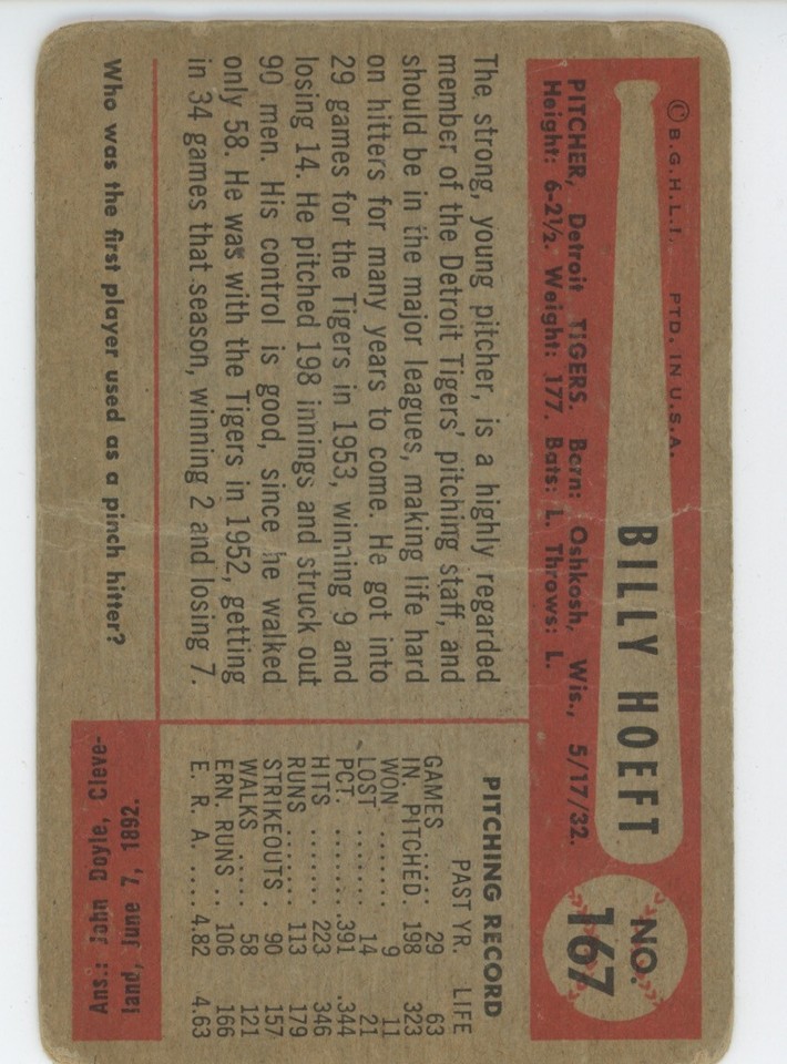 1954 BOWMAN BASEBALL #167 BILLY HOEFT DETROIT TIGERS LOW GRADE | eBay