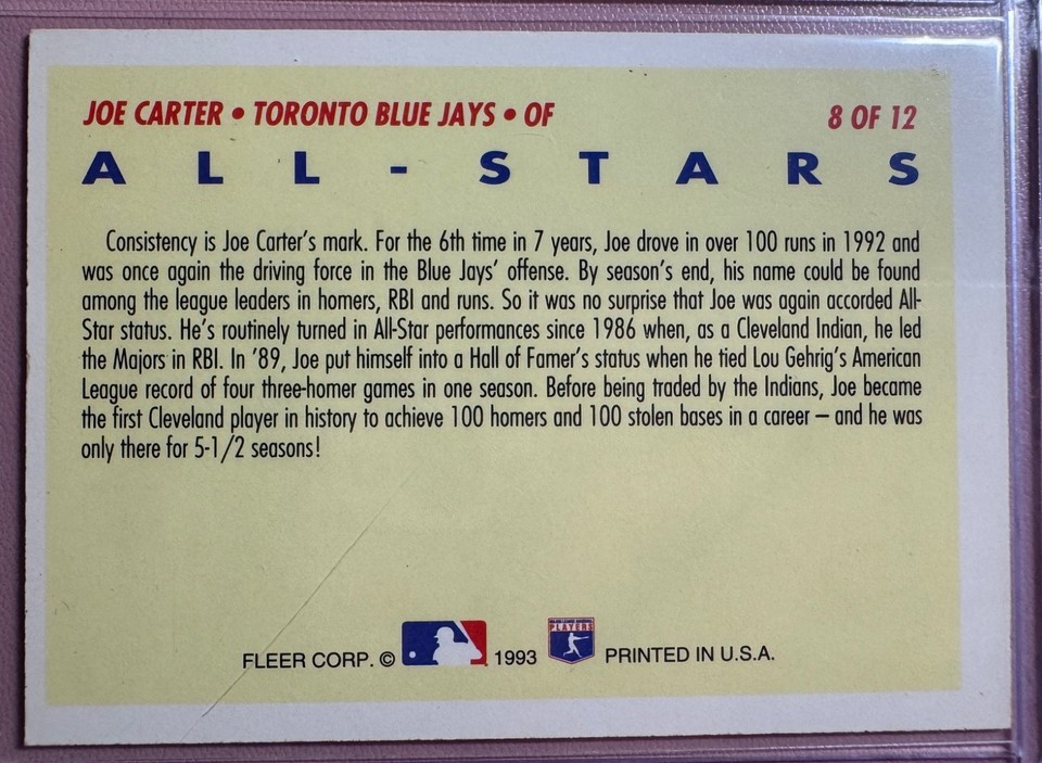 Joe Carter All Star Toronto Blue Jays 8 of 12 Fleer 1993 MLB Baseball ...
