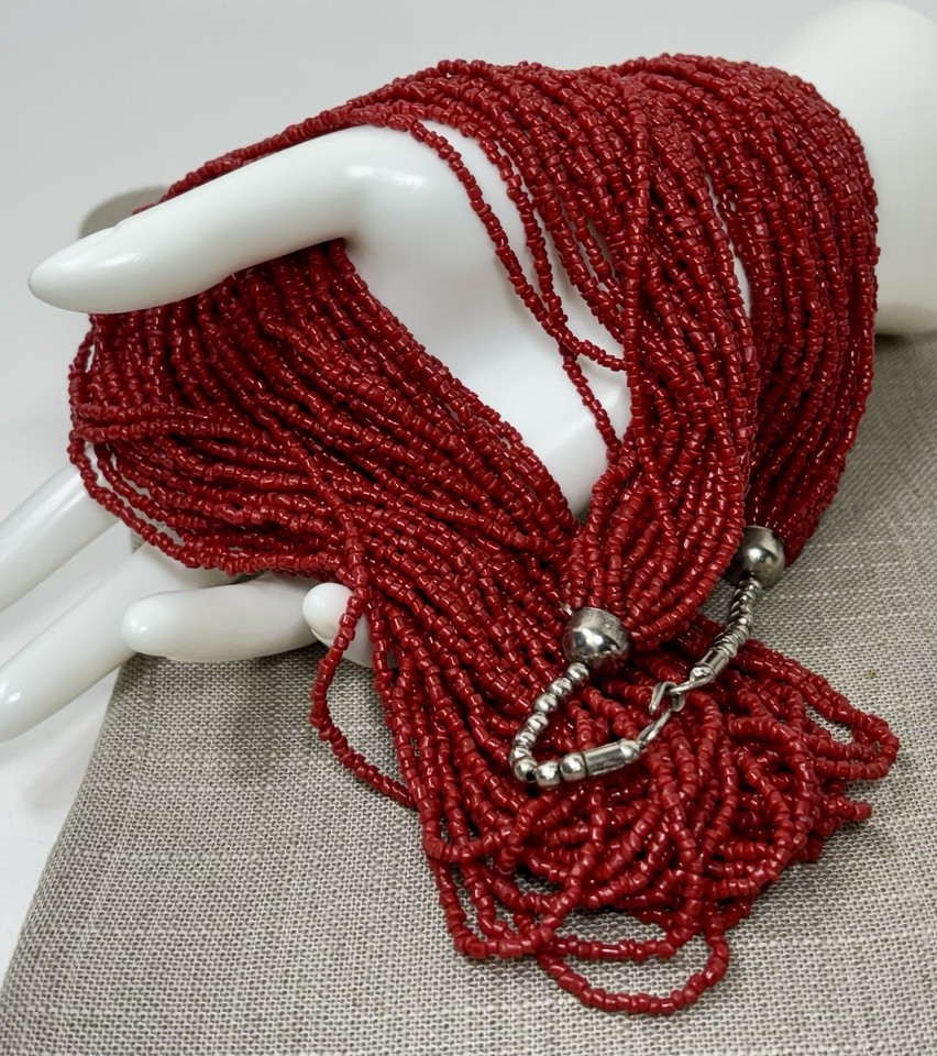 Vintage Red Coral Native American 30 Strand Beaded 37" Necklace Silver ...