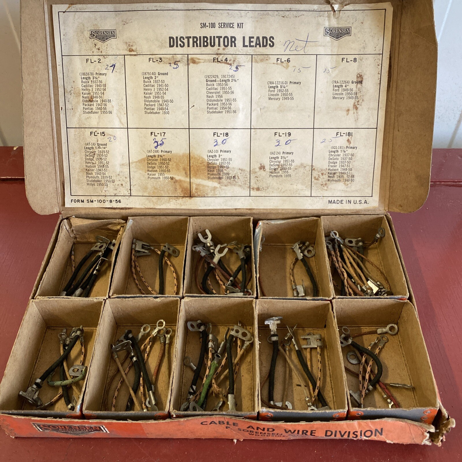 VINTAGE SORENSEN DISPLAY CARDBOARD TRAY OF ASSORTED DISTRIBUTOR LEADS ...