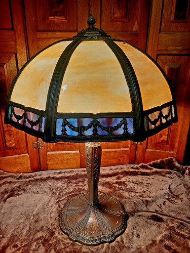 Antique 16 Panel Slag Glass Table Lamp | eBay