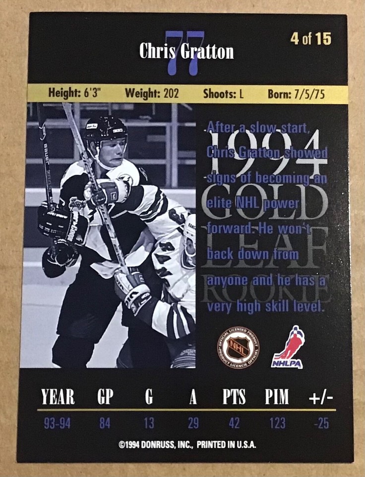 1994-95 CHRIS GRATTON LEAF 94 GOLD LEAF ROOKIE INSERT CARD #4 LIGHTNING ...