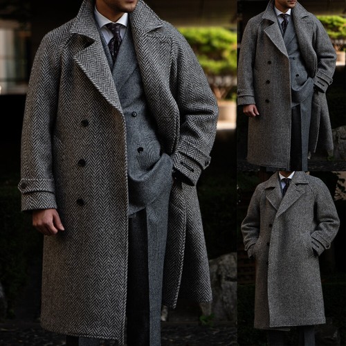 Herringbone Wool Men's Long Tweed Overcoat Single-Breasted Winter ...