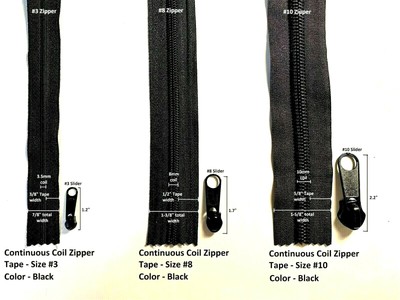 Size #3-YKK,#8 or #10 Black 4 yd Coil Zipper Chain Tape-by the yard & 8 ...