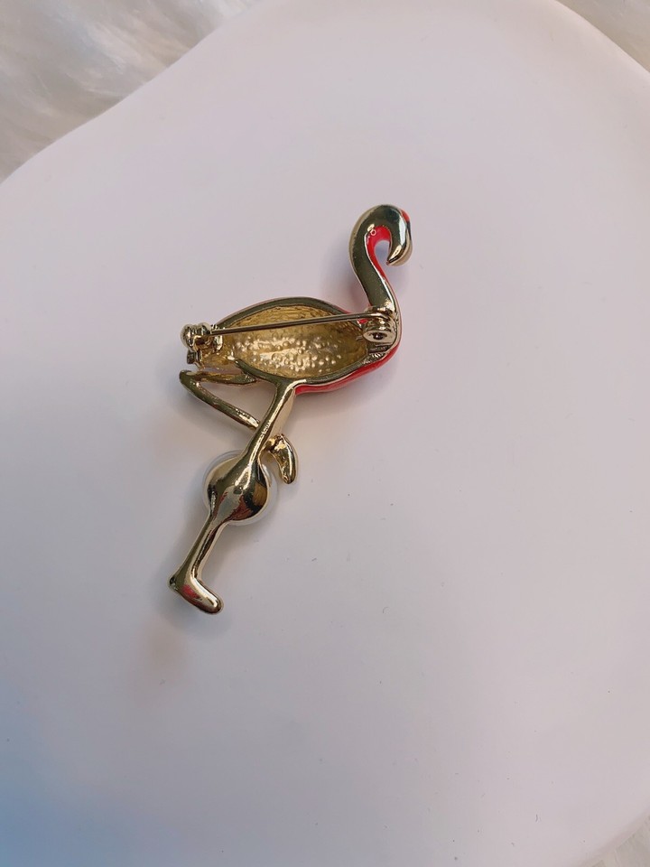Pink Flamingo brooch pin Gold Tone with Enamel & Rhinestones new 2” x 1 ...