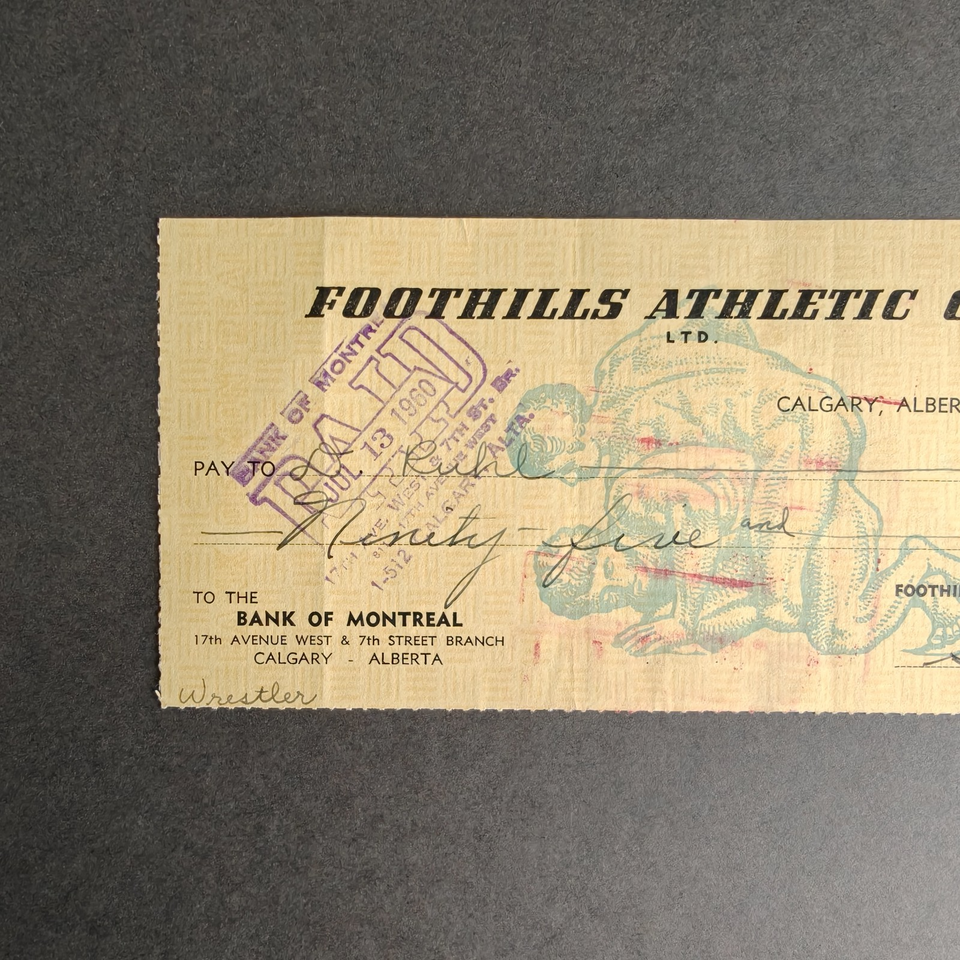Stu Hart Stampede Wrestling Signed Pay Off Check Cheque Autograph WWE ...