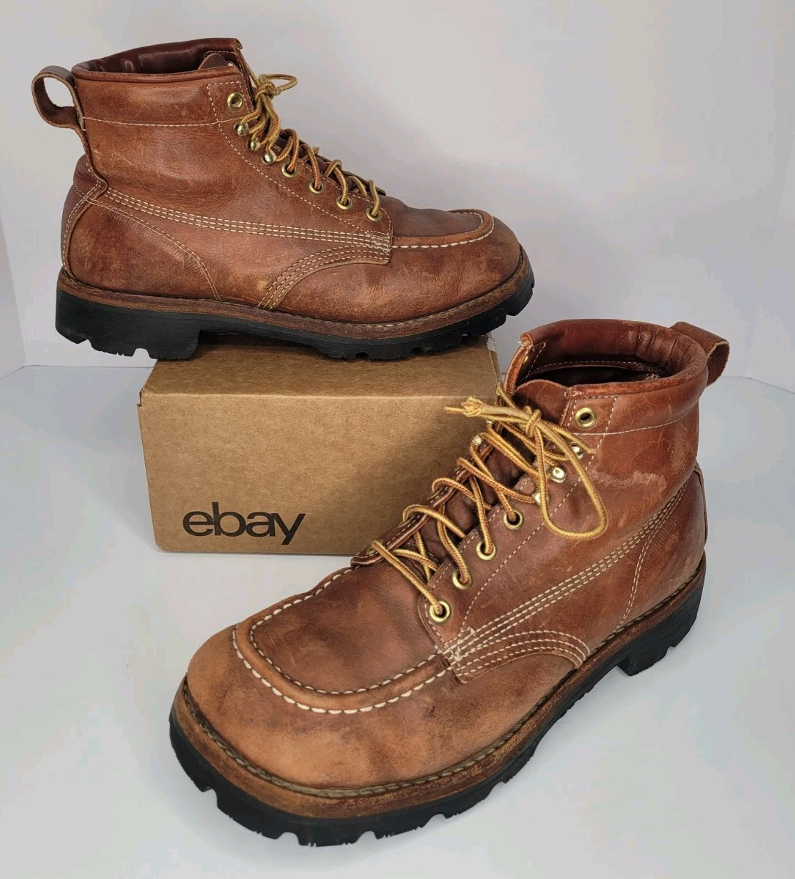 Vintage Boots Moc Toe Distressed Leather Work Vibram … - Gem