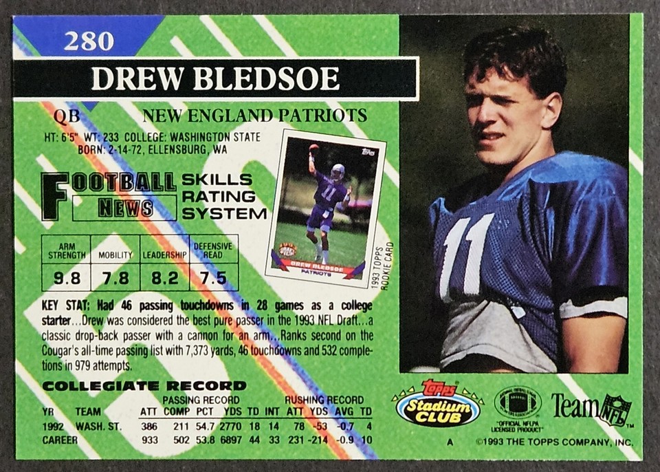 1993 Topps Stadium Club #280 Drew Bledsoe Rookie RC New England ...