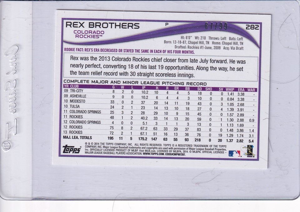 2014 Topps Camo #282 Rex Brothers Colorado Rockies BB 87/99 | eBay