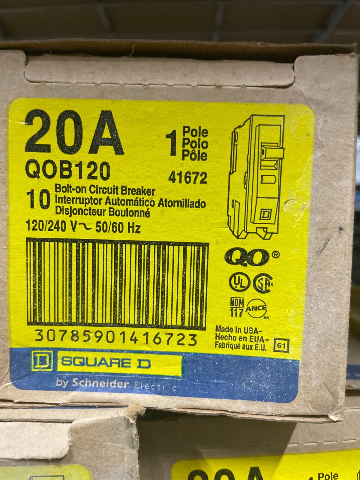 QOB120 - SQUARE D 20A AMP SINGLE POLE 10kA@120/240V BOLT ON CIRCUIT ...
