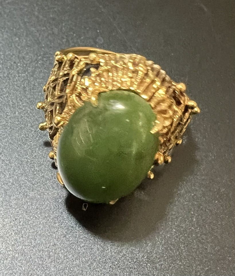 14K Yellow Gold Oval Natural Green Jade Filigree Ring, Approx Size 5.5 ...
