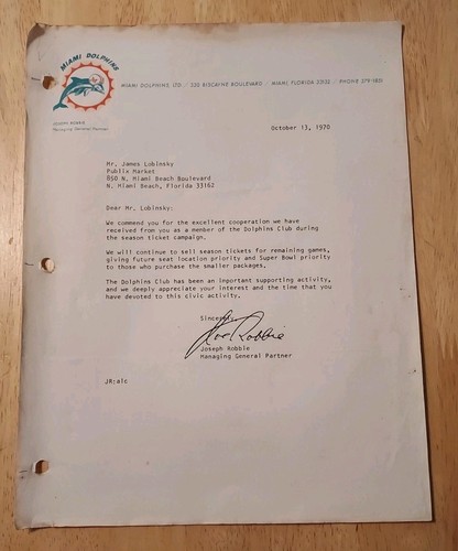 Joseph Joe Robbie Miami Dolphins Owner Signed Autograph Letter 1970 | eBay