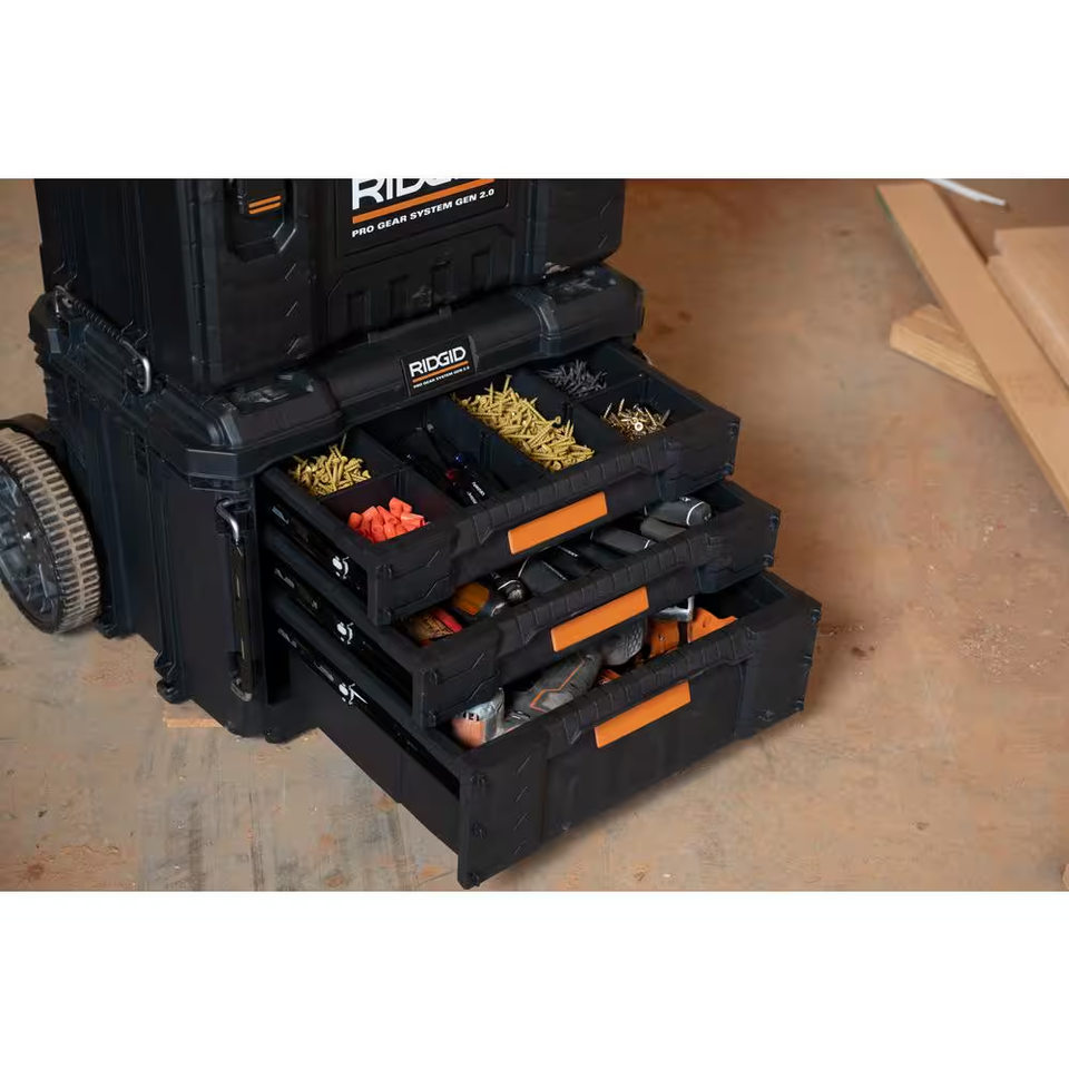 RIDGID Pro Gear Gen 2 XL 3-Drawer Black Tool Box Organizer w/ Dividers ...