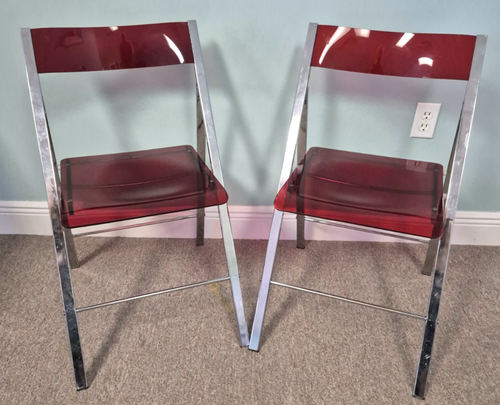 Acrylic Lucite Chrome Folding Chair Red Cherry Apple MCM Atomic Kitchen ...