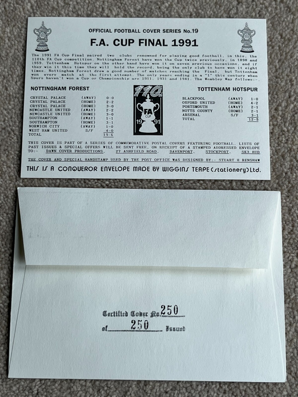 1991 FA Cup Final Postal Cover HAND SIGNED by Match Referee Roger ...