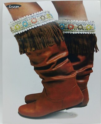 Women Western Boot Toppers Pair Brown Faux Leather Fringes Multi-Color ...