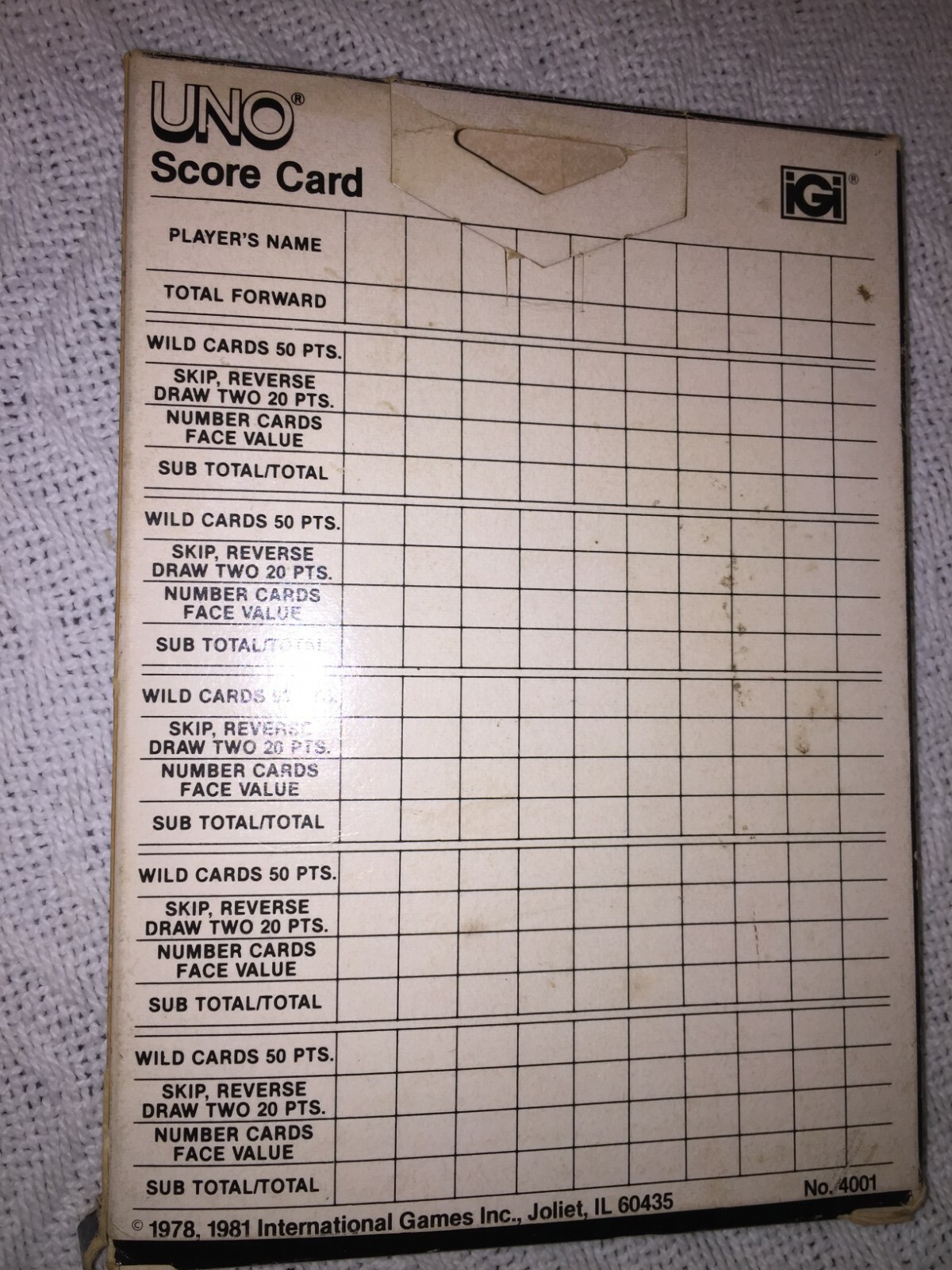 Vintage UNO 1981 International Game Double Score Cards Pad in Original ...