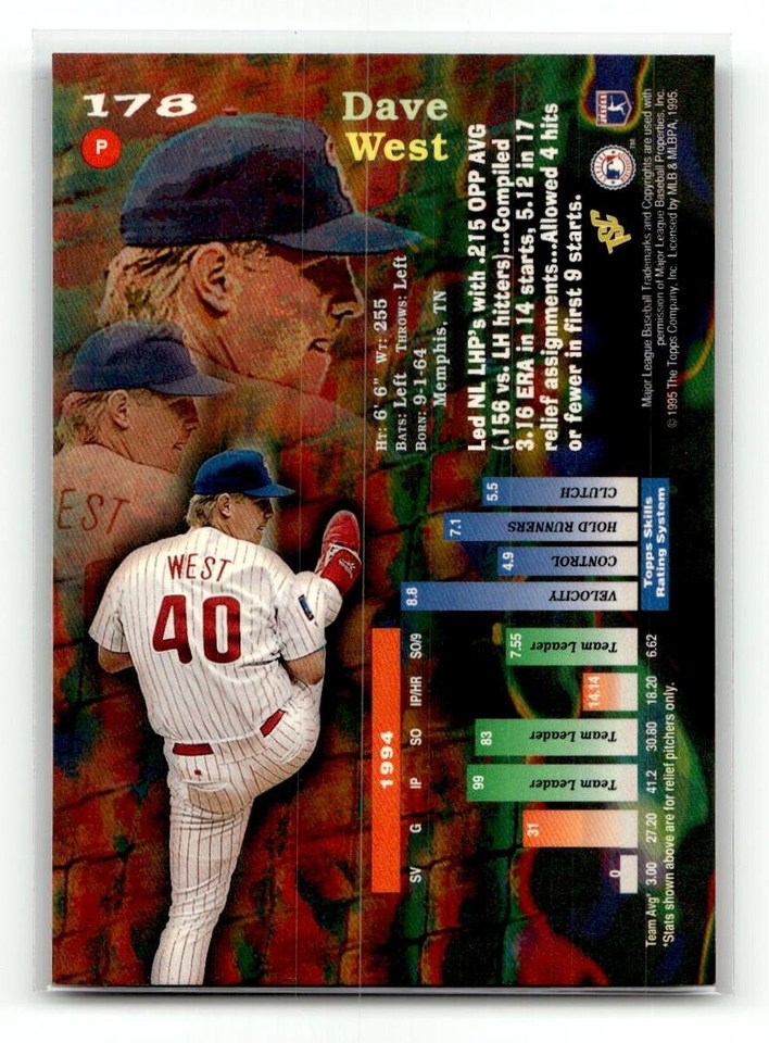 1995 Topps Stadium Club David West #178 Philadelphia Phillies BASEBALL ...