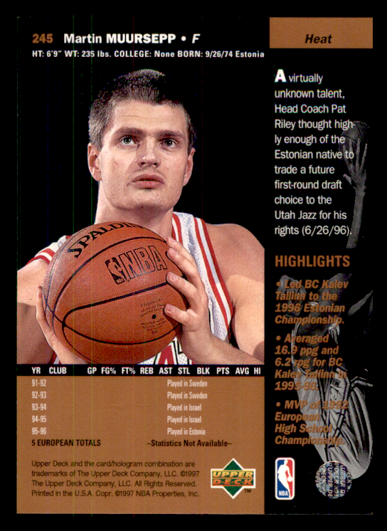 1996 Upper Deck Martin Muursepp RC #245 Miami Heat | eBay
