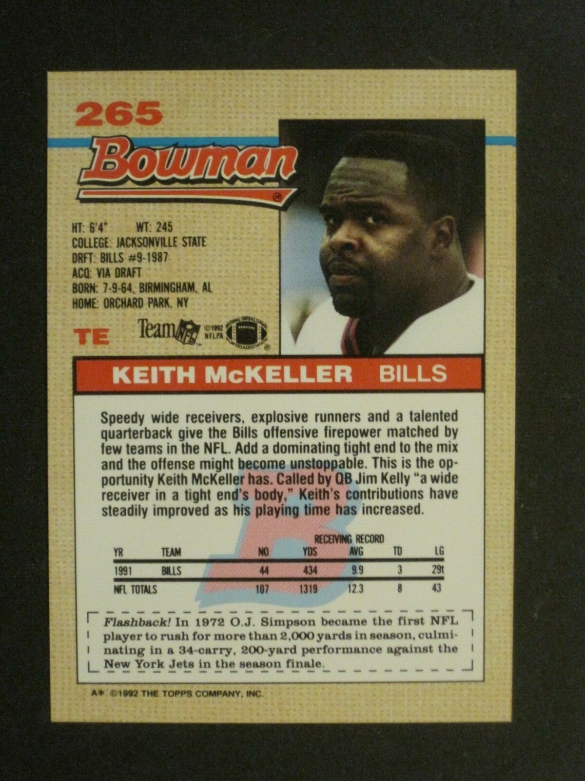 1992 BOWMAN KEITH McKELLER BUFFALO BILLS CARD #265!!!! COMBINED ...