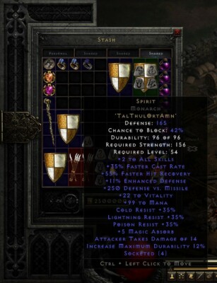 D2R 35fcr Spirit Monarch 165D 11ed 12dura Diablo 2 Resurrected Rune ...