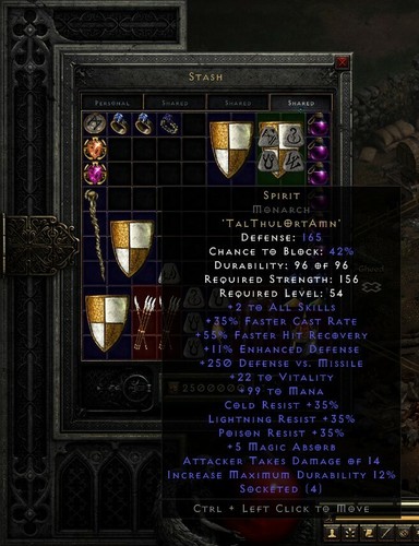 D2R 35fcr Spirit Monarch 165D 11ed 12dura Diablo 2 auferstandene Rune ...