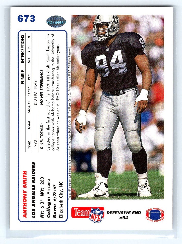 1991 Upper Deck #673 Anthony Smith Football Los Angeles Raiders | eBay