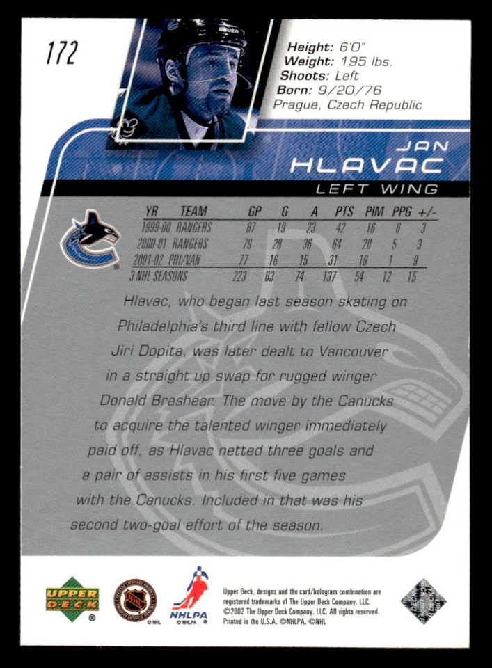 Jan Hlavac 2002 Upper Deck #172 Vancouver Canucks | eBay
