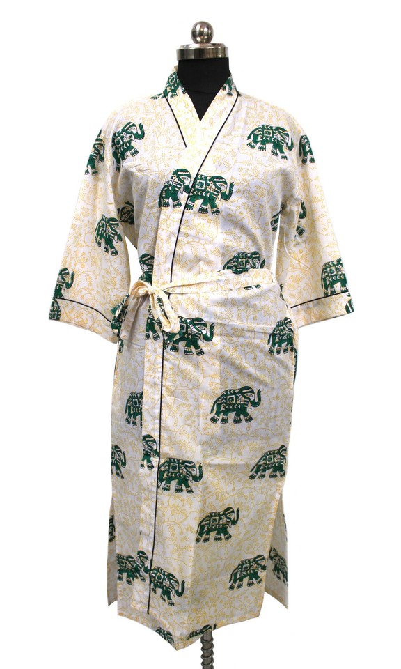 Dressing Gown Beach Robe Elephant Printed Long Kimono Bathrobe Cotton ...