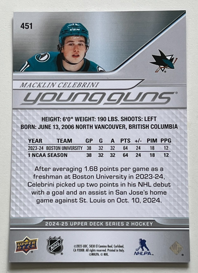 2024-2025 UD MACKLIN CELEBRINI YOUNG GUNS OVERSIZE CARD MINOR CORNER ...