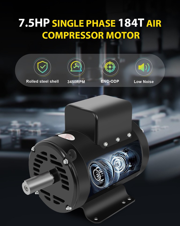7.5HP Air Compressor Electric Motor 3450 RPM 184T Frame 208-230V 1 ...