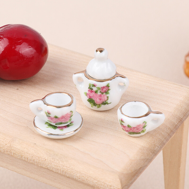 Dollhouse Mini Flower Blossom Ceramic Tea Set Kitchen Food and Play DIY ...