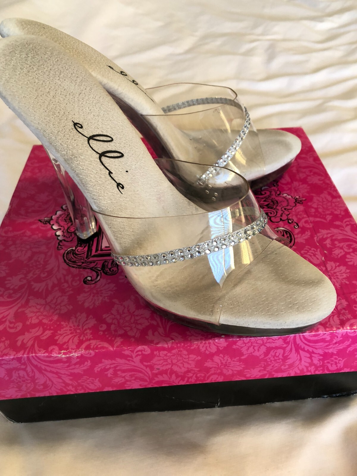 CLEAR 5" SLIP ON PAGEANT HEELS WITH RHINESTONES - 7 - Gem