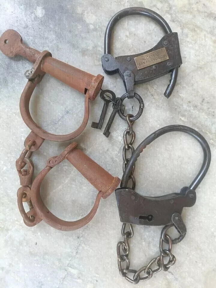 2 Pcs Set Of Handcuff Cast Iron Long chain Rare Adjustable Handcuffs ...