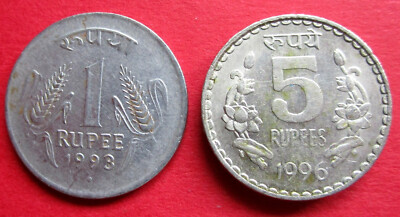 INDIA PAIR DIFFERENT DATE 1 & 5 RUPEE COINS 1996 & 1998 IN COLLECTABLE ...