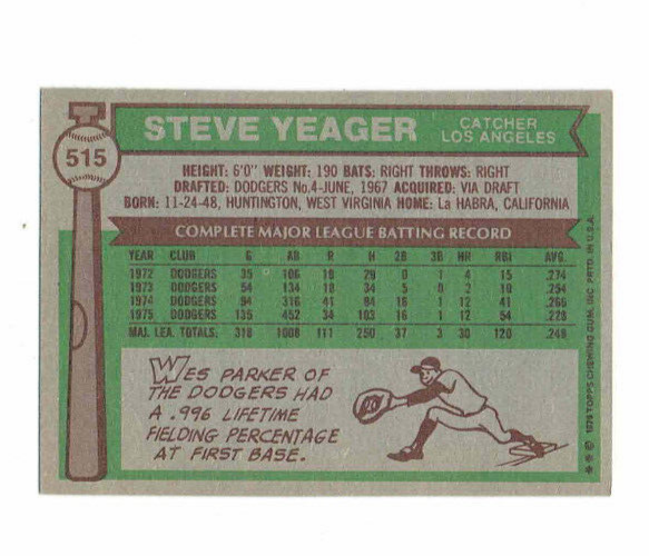Steve Yeager Los Angeles Dodgers Catcher #515 Topps 1976 #Baseball Card ...