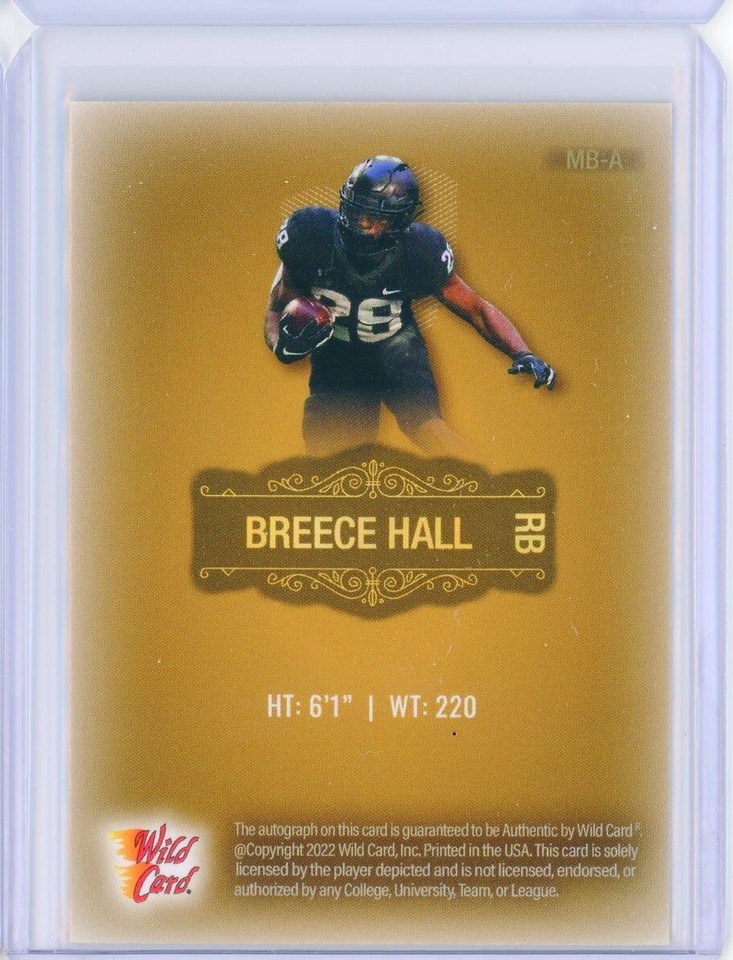 2022 Wild Card Matte GOLD BREECE HALL AUTO Autograph RC Rookie NY Jets ...