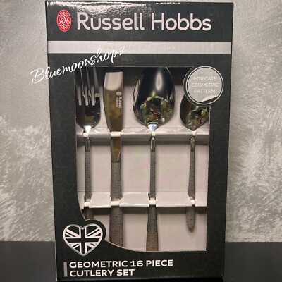 Russell Hobbs Silver 16 Piece Geometric Cutlery Set Stainless Steel / 4 ...