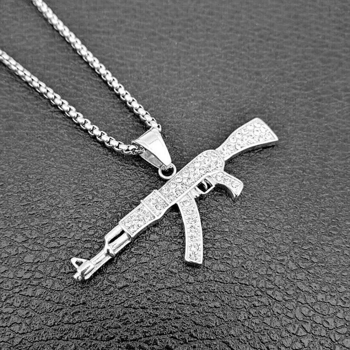 1.50 Ct Round Cut Simulated Diamond AK-47 Pendant 14K White Gold Plated ...