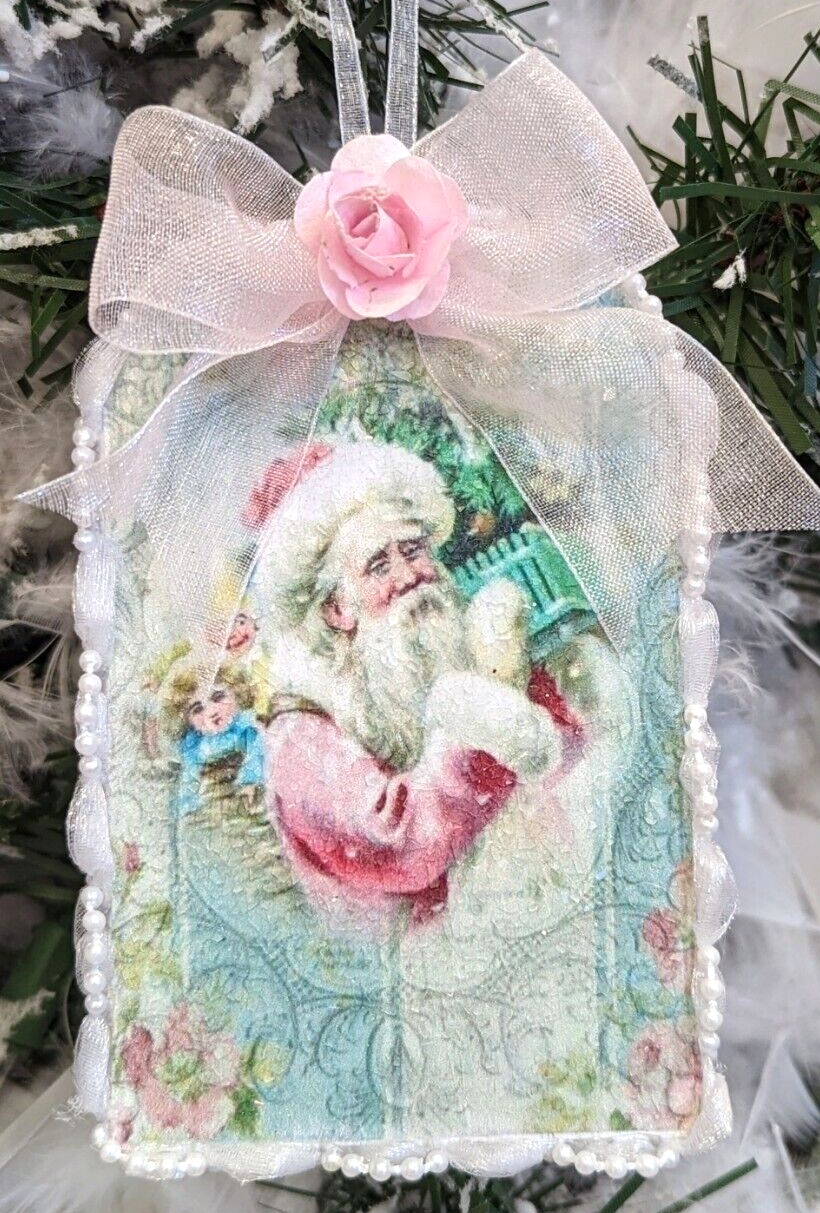 Shabby Chic Victorian Pink Roses Vintage Santa Decoupage Christmas ...