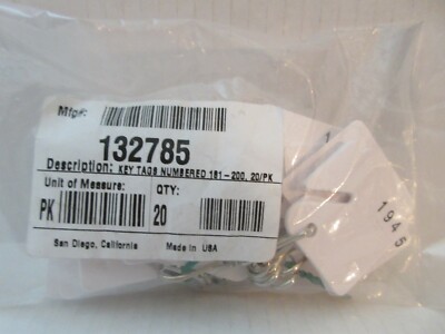 Slotted Key Holder Tags w/ Snap-Hook, Numbered 181-200, White Qty 20 ...