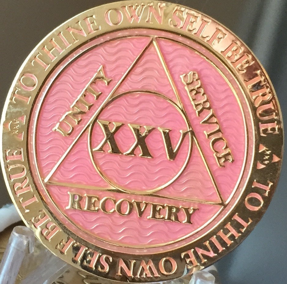 25 Year AA Medallion Pink Gold Plated Alcoholics Anonymous Sobriety ...