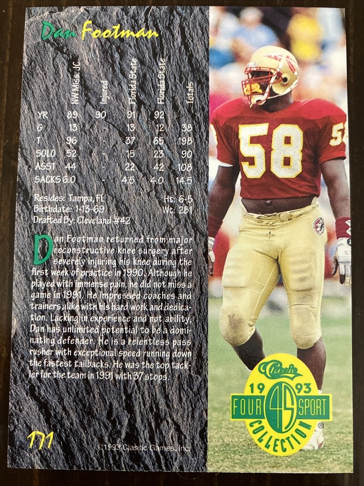 1993 Classic Four Sport Collection #171 Dan Footman Florida State ...